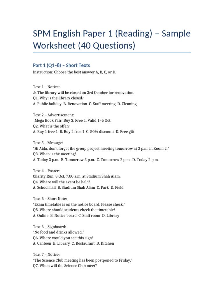 SPM English Paper 1 Sample with Answers | PDF