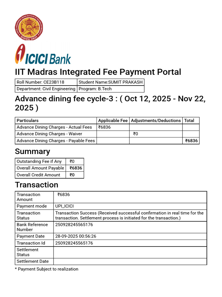 IIT Madras Dining Fee Payment Summary | PDF