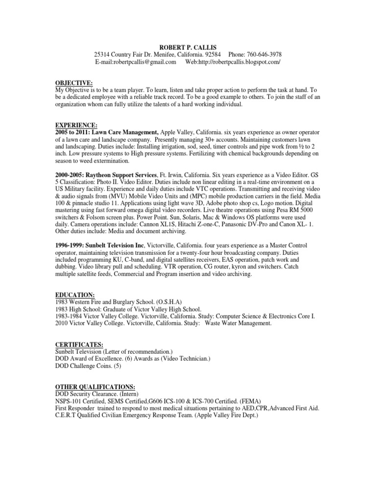 Robert Callis 2012 Resume | PDF | Television | Video