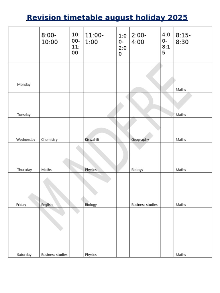 Revision Timetable August Holiday 2025: Monday Maths | PDF