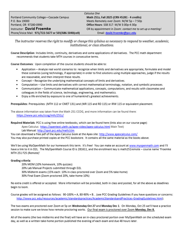 PCC Math 251Z: Calculus One Syllabus | PDF | Discrimination | Mathematics