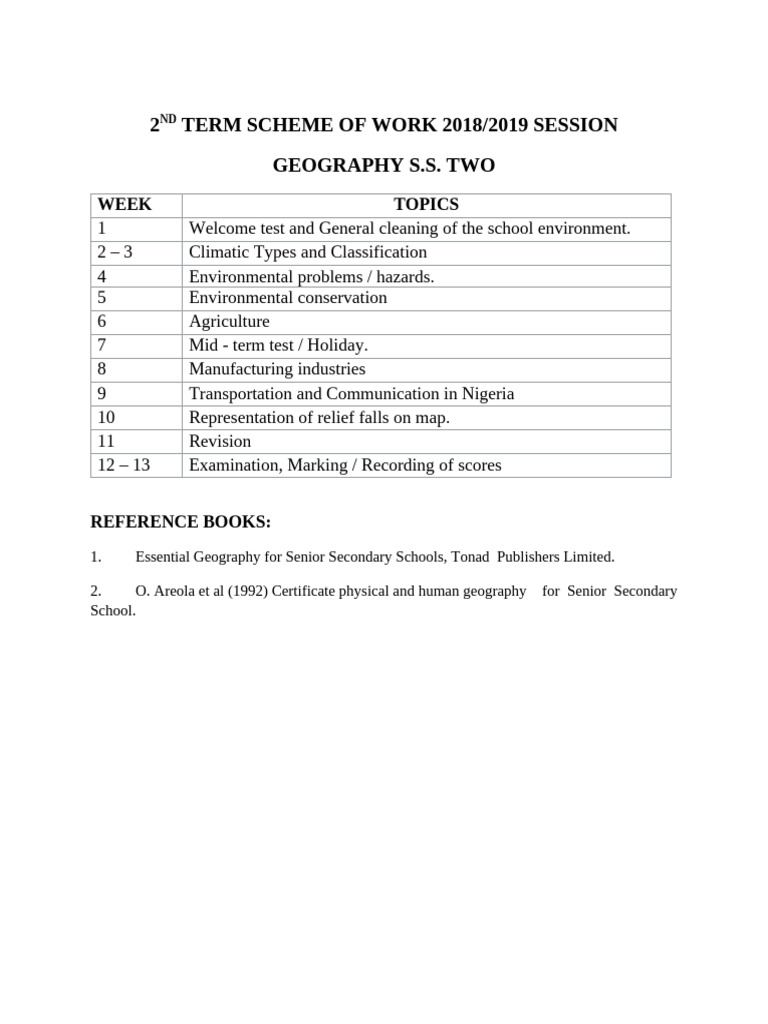 Geography SSS 2 Term 2 Scheme of Work | PDF | Agriculture | Temperate ...