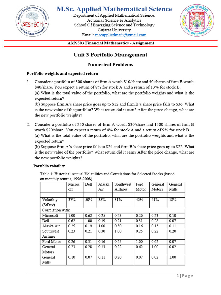 Financial Mathematics Portfolio Management Assignment | PDF | Capital ...