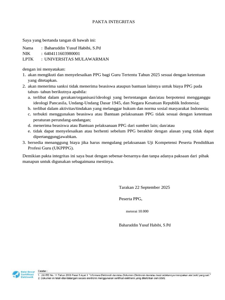 Pakta Integritas PPG 2025 Baharuddin | PDF