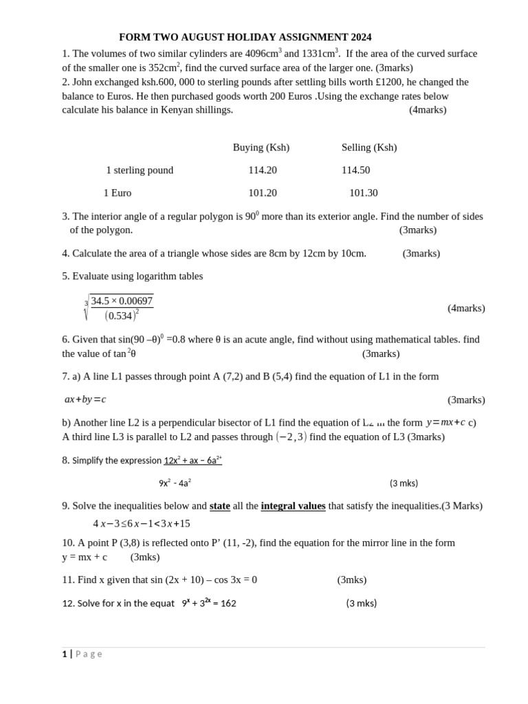 Form 2 August Holiday Assignment | PDF | Area | Equations