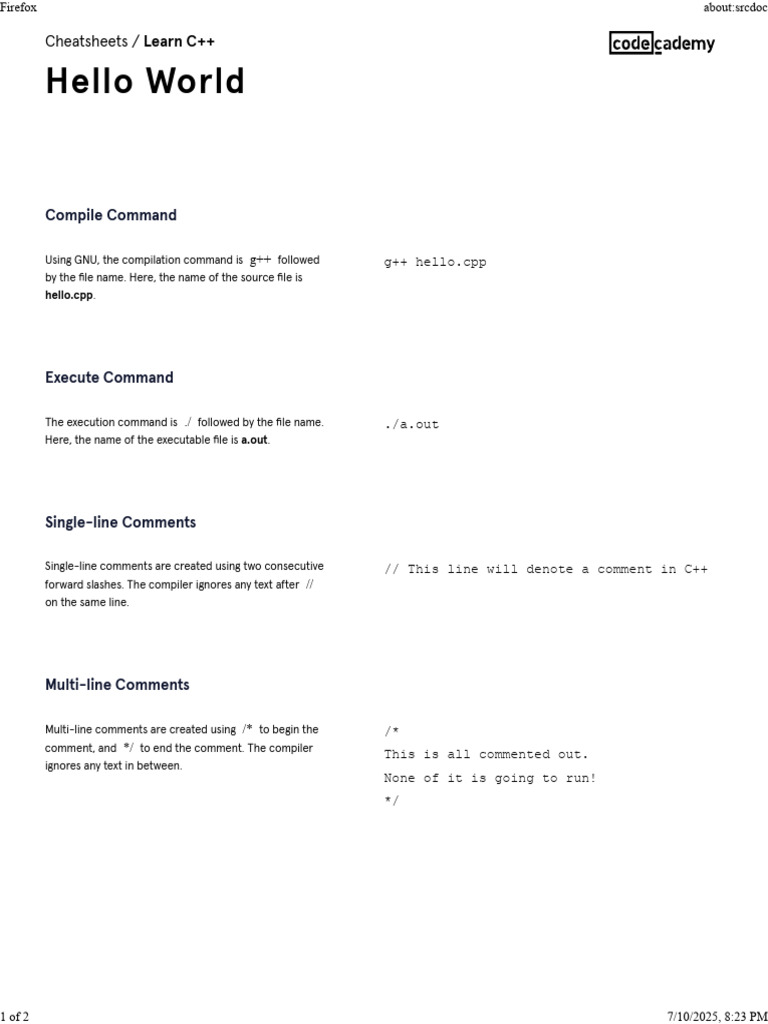 C++ Hello World Cheat SHeet | PDF | C++ | Systems Engineering