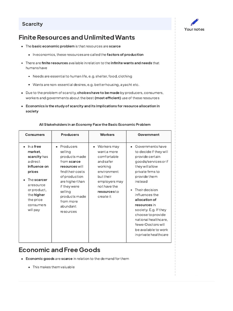 Economics Chapter 1.1 The Nature of The Economic Problem Notes | PDF ...
