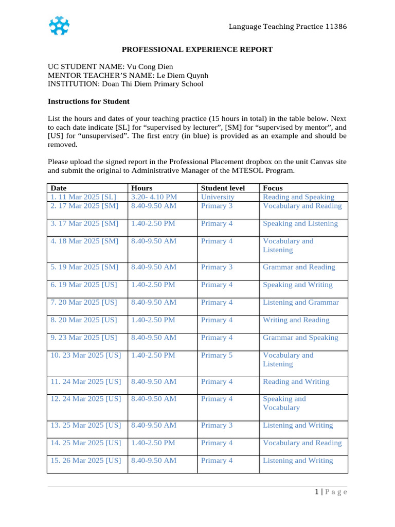 Professional Experience Report | PDF | Language Education | Learning