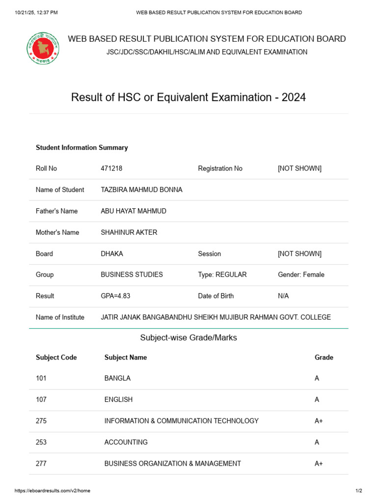 Result of HSC or Equivalent Examination - 2024: Web Based Result ...
