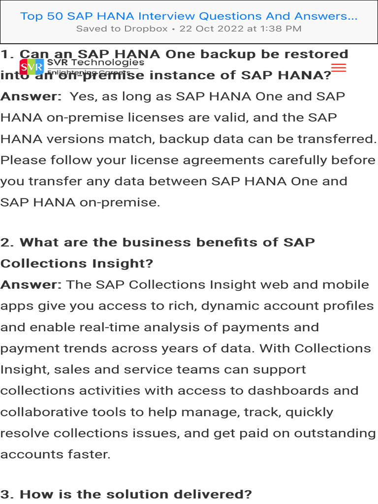 Top 50 SAP HANA Interview Questions and Answers PDF - SVR Technologies | PDF | Databases ...