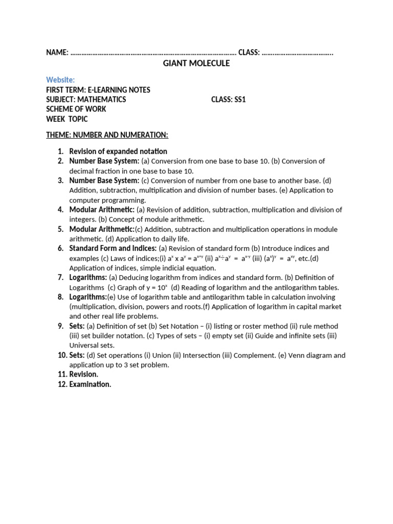 Ss1 1st Term Maths E-Notes | PDF | Decimal | Logarithm