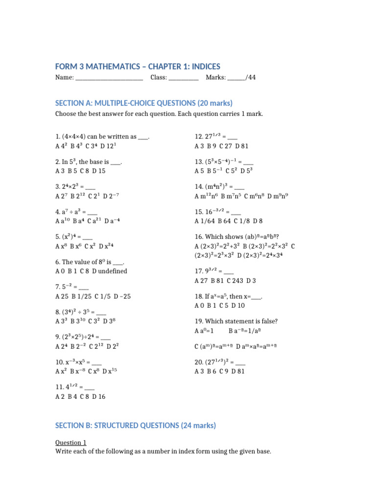 Indices Practice Questions and Exercises | PDF