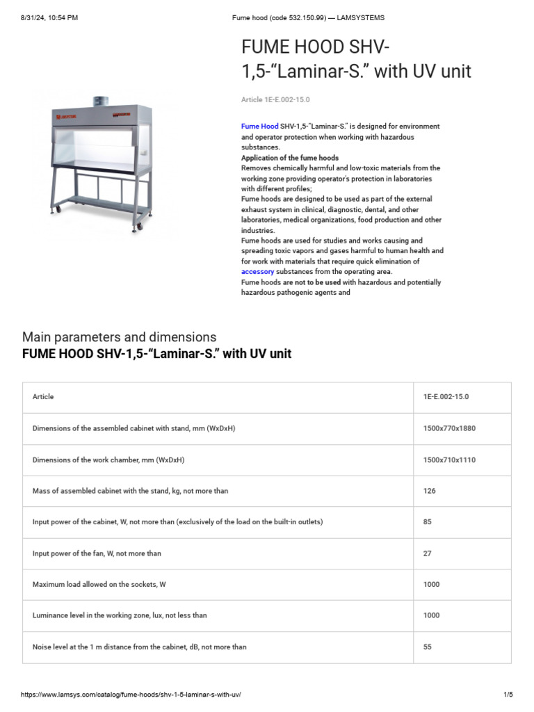 SHV-1.5 Laminar-S Fume Hood with UV | PDF | Mechanical Engineering