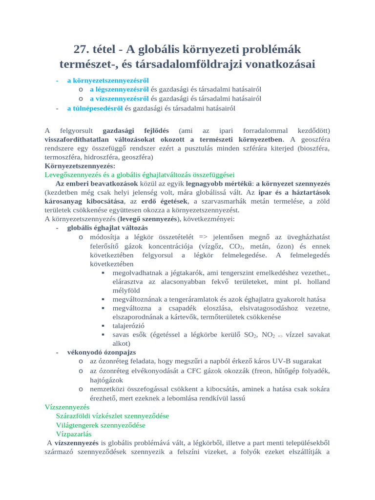 Tétel - A Globális Környezeti Problémák Természet-, És ...
