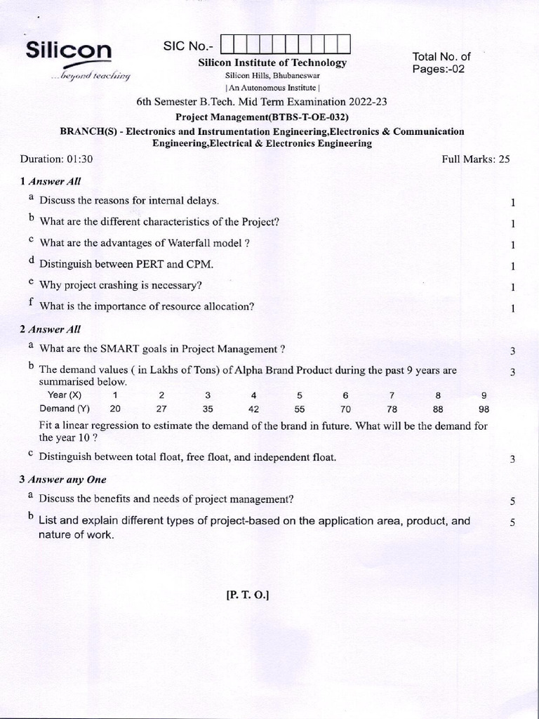 Project Management(BTBS-T-OE-032) - Mid Term Exam - 2022-2023 | PDF