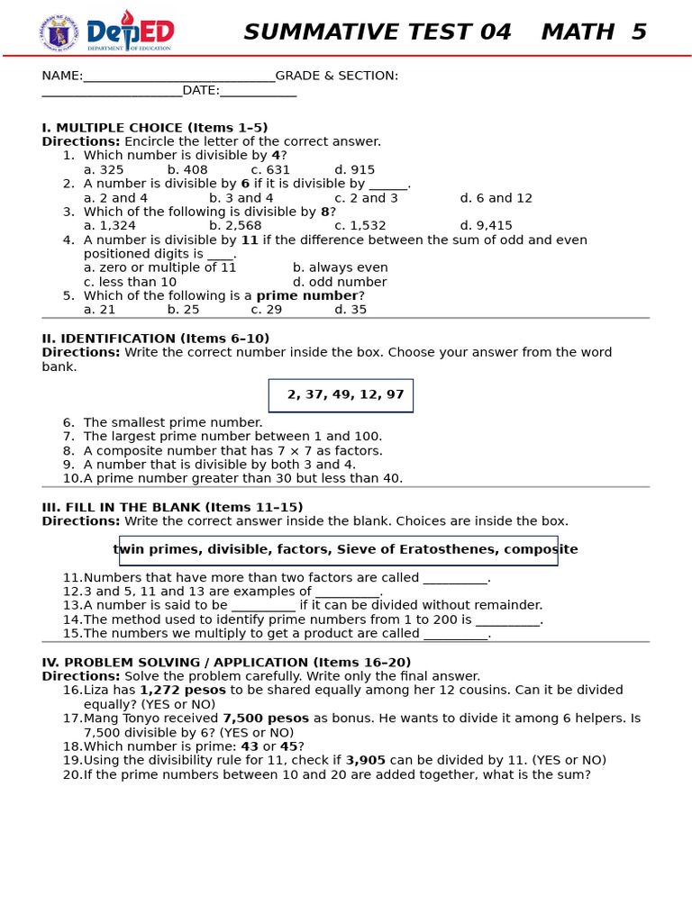 Math 5 Summative Test on Divisibility | PDF | Prime Number | Numbers