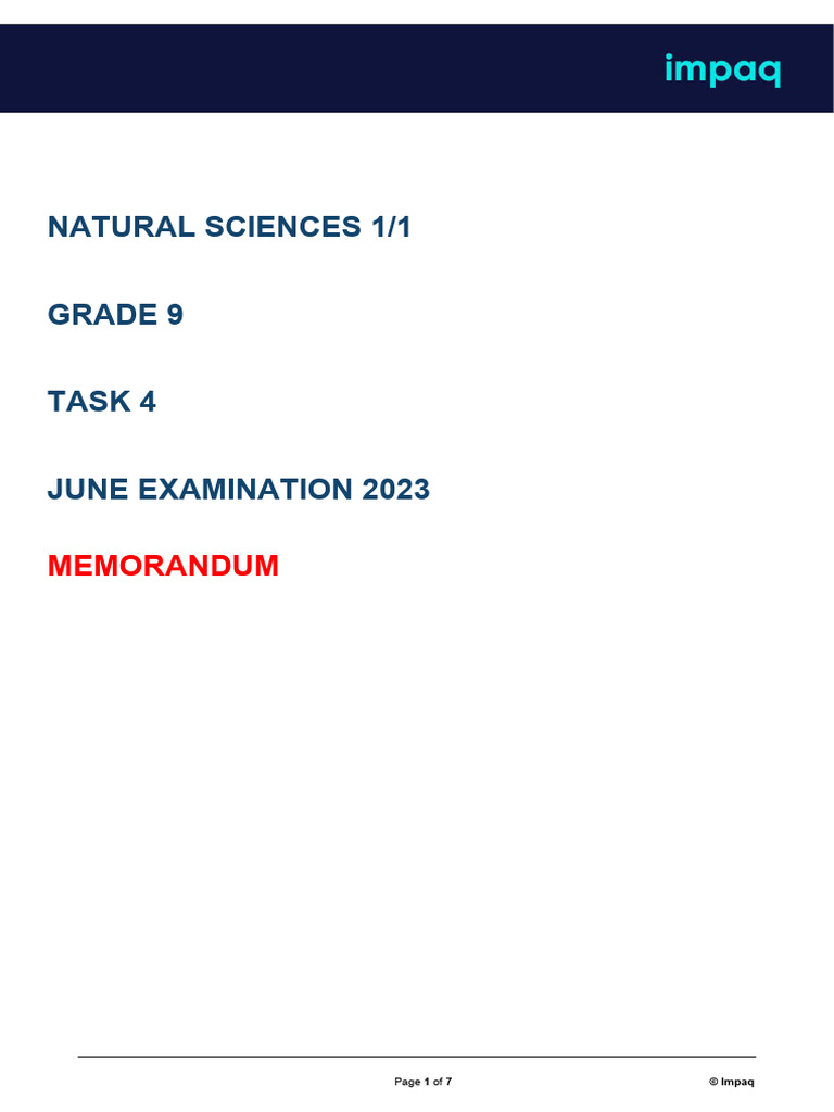Natural Sciences 1/1 Grade 9 Task 4 June Examination 2023: Memorandum ...