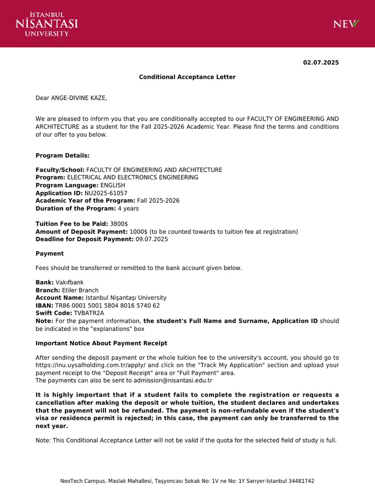 Conditional Acceptance File Offer Letter | PDF | Payments | Fee
