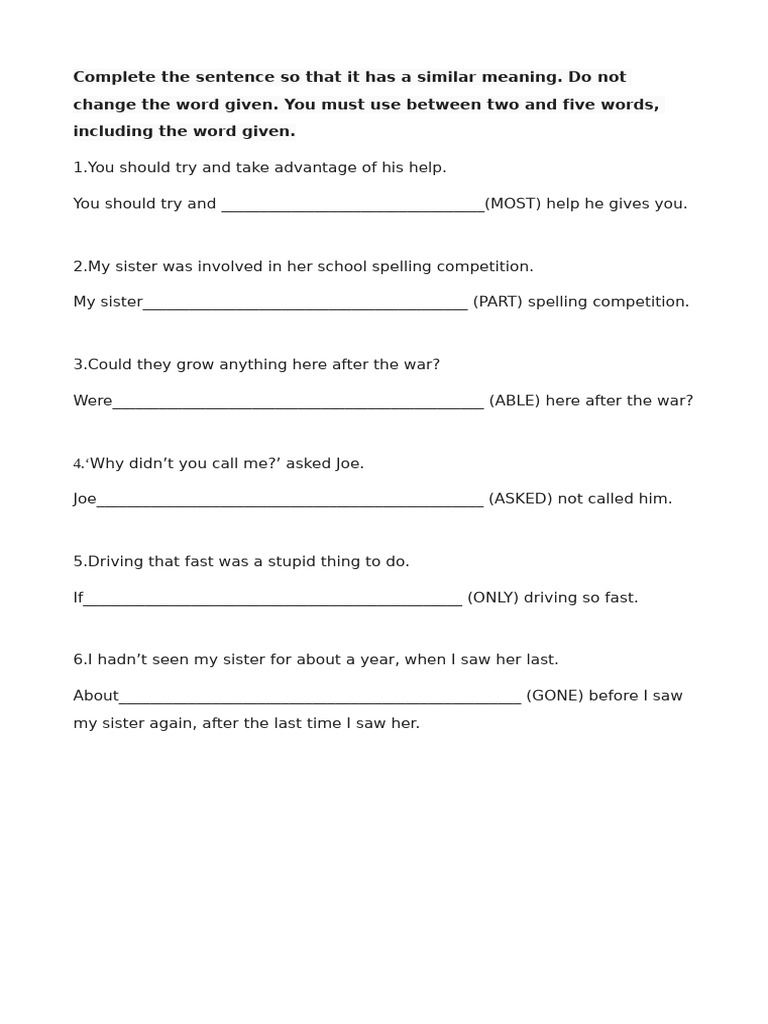 Fce Key Word Transformation Activity 1 | PDF