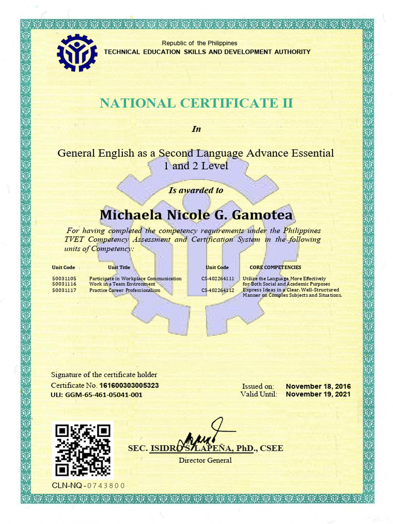 NC2 Certificate in ESL Competencies | PDF