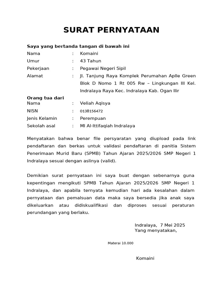 Surat Pernyataan Pendaftaran SPMB 2025 | PDF