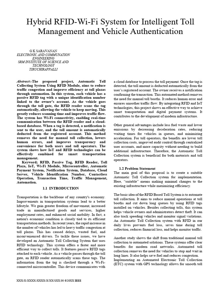 Core Project Ieee Paper | PDF | Radio Frequency Identification | Toll Road