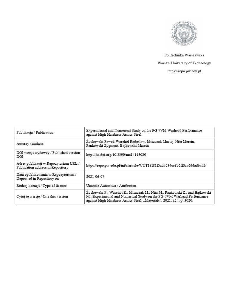 PG-7VM Warhead Penetration Study | PDF | Projectiles | Ballistics