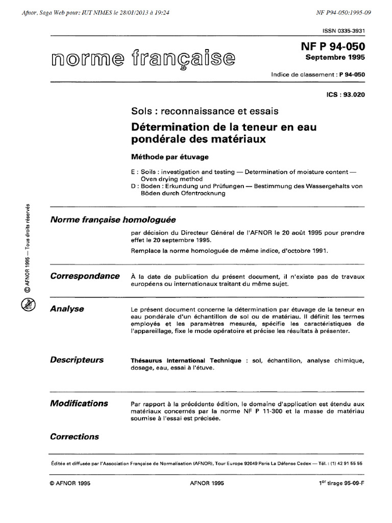 NF P94-050 - Teneur en Eau Etuvage | PDF