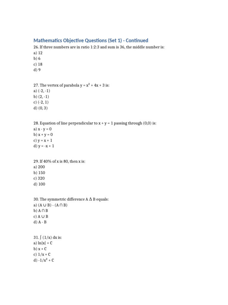Mathematics Objective Questions Set1 Continued | PDF