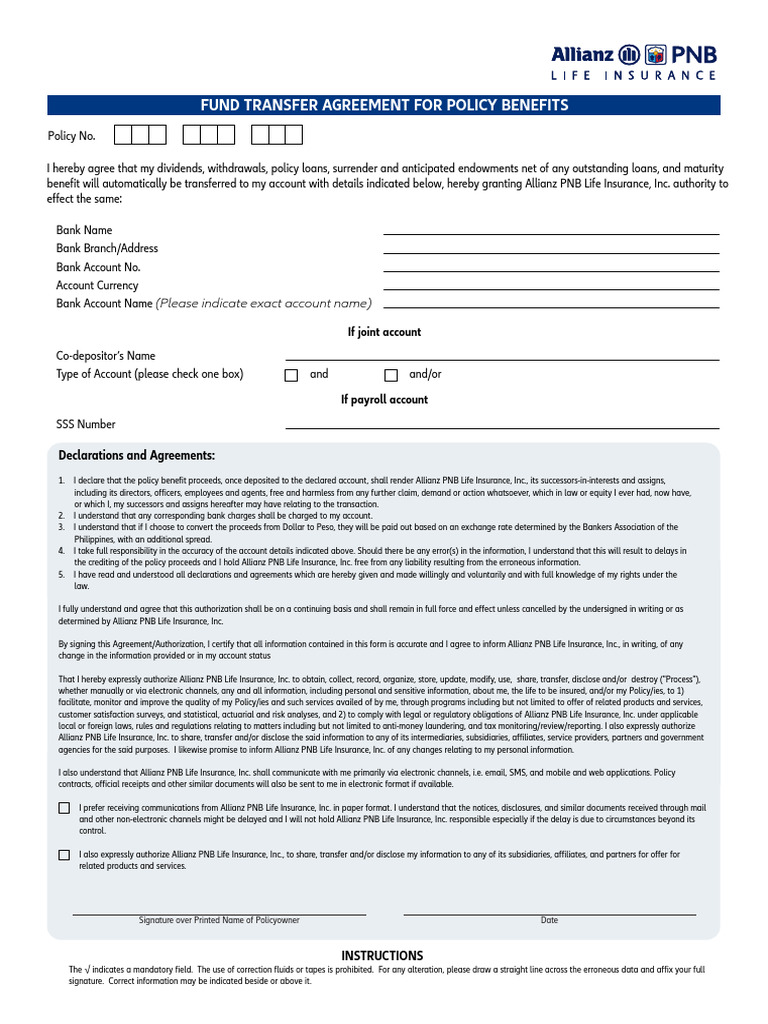 Fund Transfer Agreement for Policy Benefits | PDF | Banks | Insurance