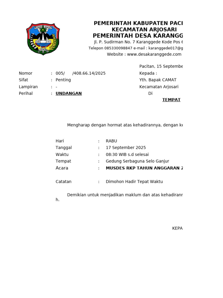Undangan MUSDES RKP 2026 Arjosari | PDF