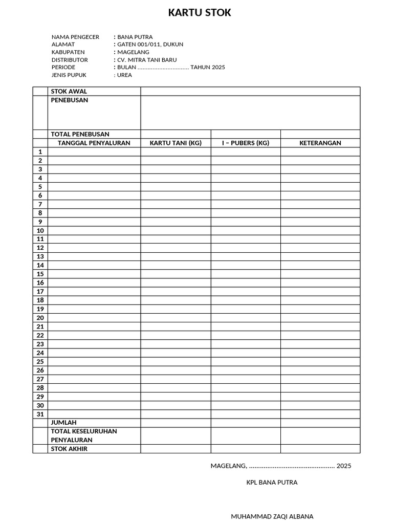 Kartu Stok Pupuk KPL Bana Putra 2025 | PDF