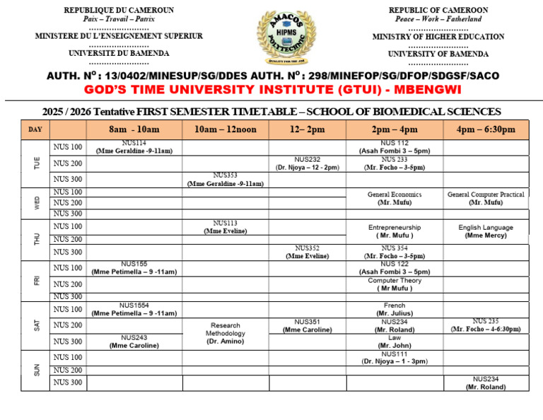 NUS Tentative Timetable For First Semester 2025-2026 | PDF