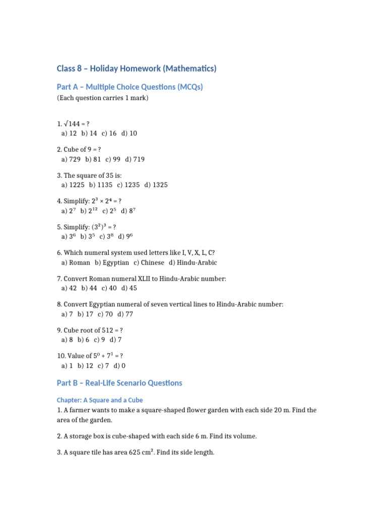 Class8 Math Holiday Homework | PDF