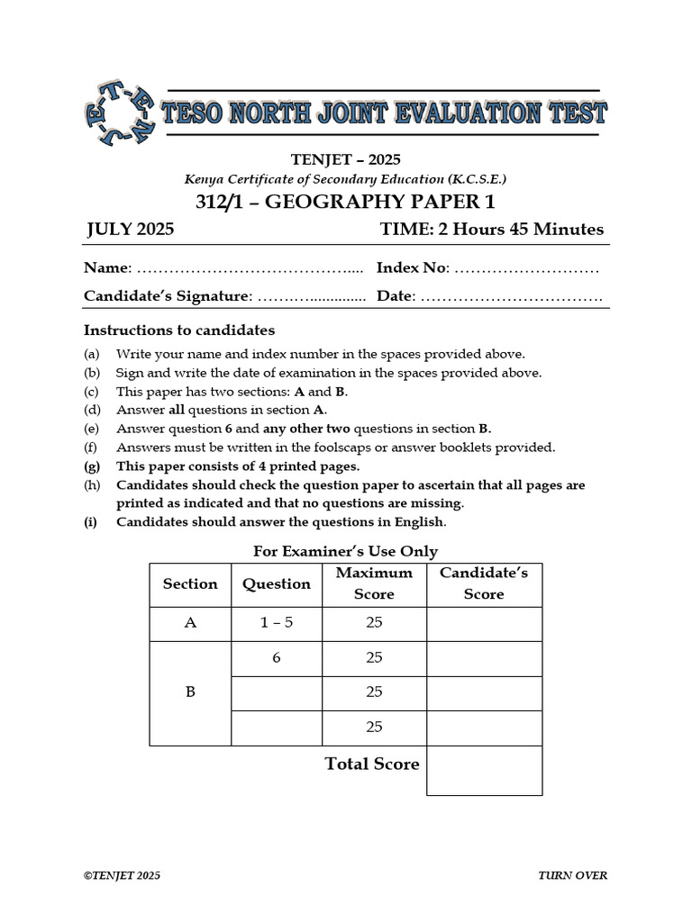 K.C.S.E. Geography Paper 1 - July 2025 | PDF | Volcano | Rock (Geology)