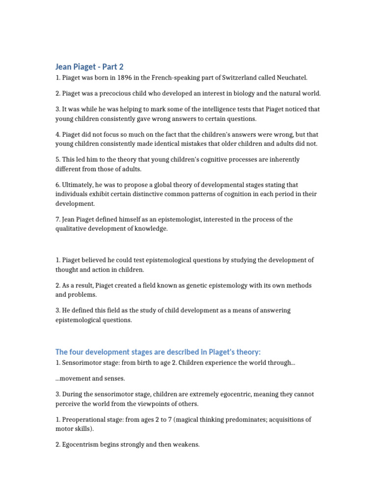 Piaget's Cognitive Development Stages | PDF | Human Development ...