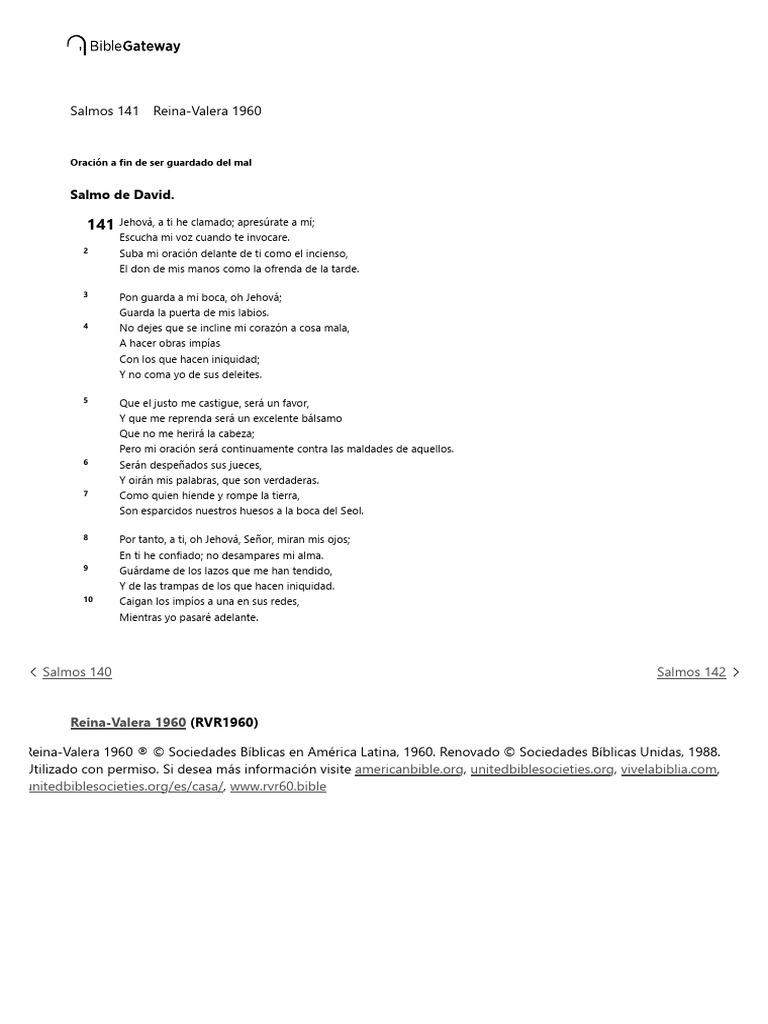 Salmos 141 RVR1960 - Oración | PDF
