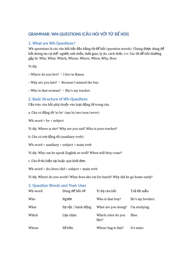 Basic Grammar WH Questions | PDF