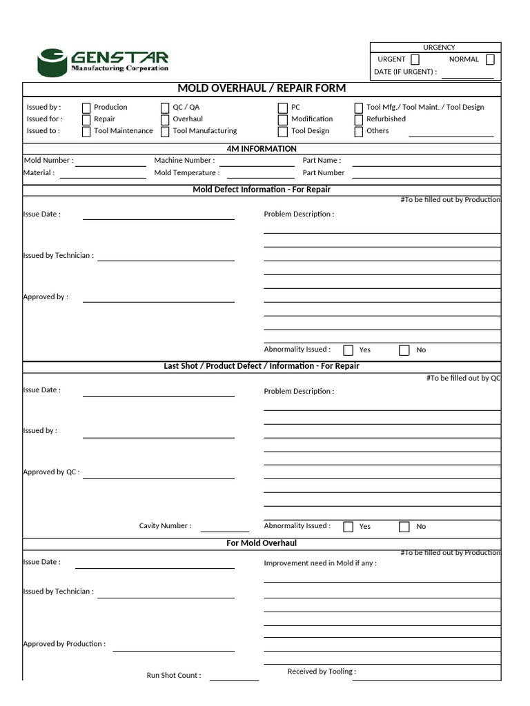 Mold Overhaul and Repair Form | PDF | Mechanical Engineering