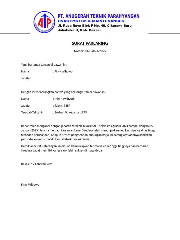 Surat Paklaring Teknisi MEP Johan Wahyudi | PDF