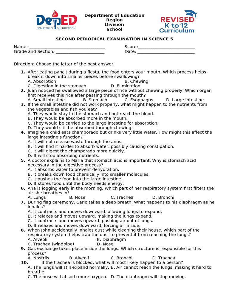 Science 5 Periodical Exam Questions | PDF | Digestion | Lung