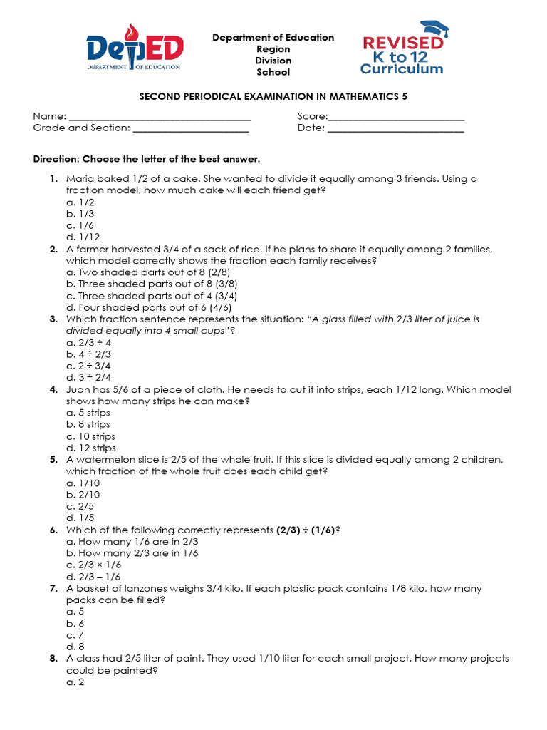 Math 5 Periodical Exam Questions | PDF | Prime Number | Decimal