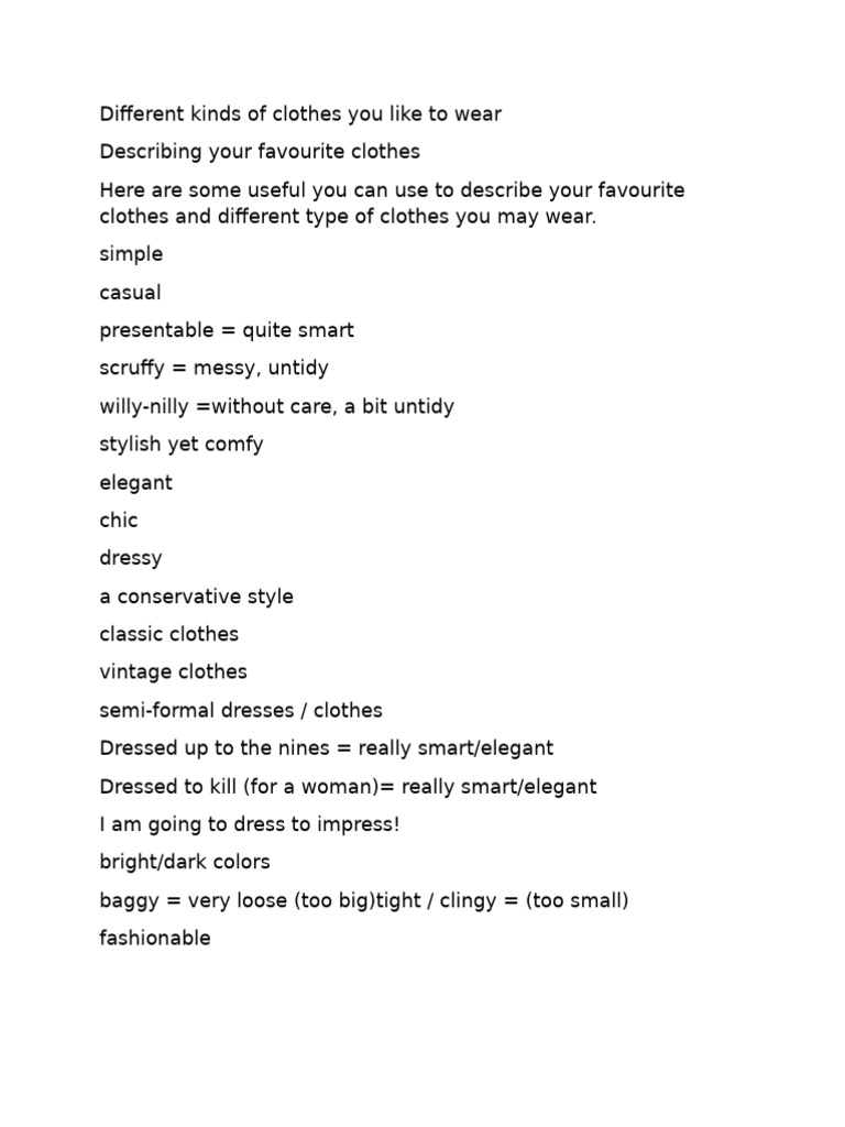 Different Kinds of Clothes You Like To Wear | PDF