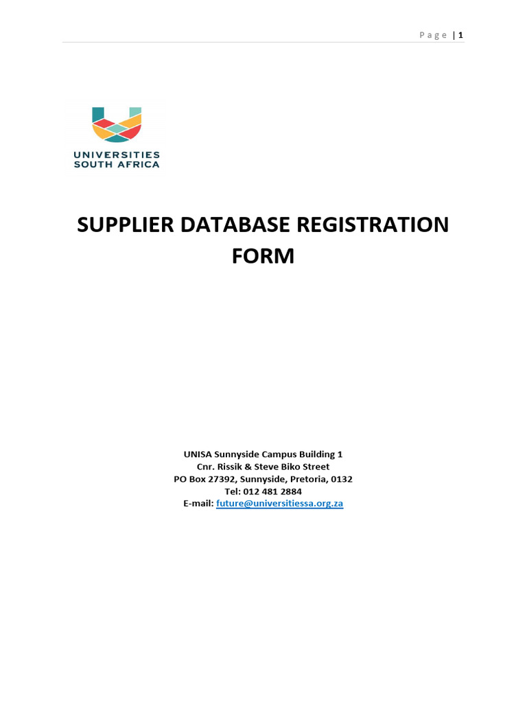 UNISA Supplier Registration Form | PDF
