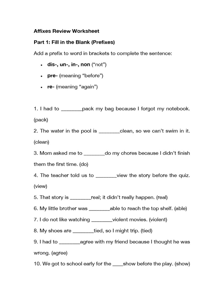 Affixes Review Worksheet | PDF