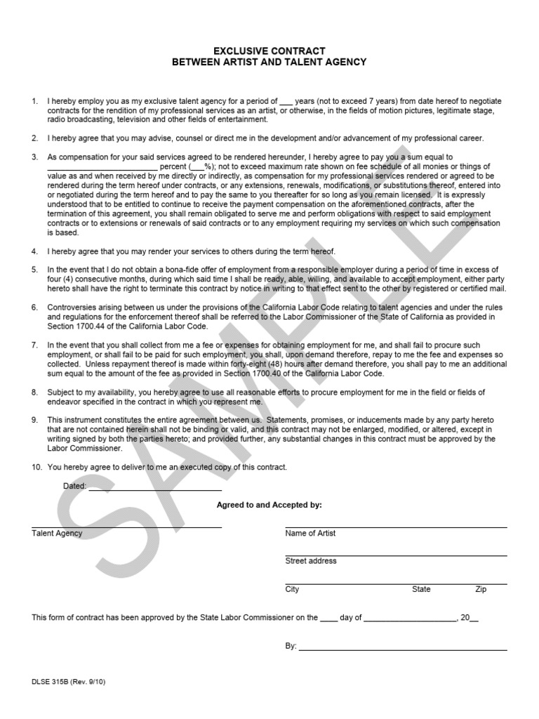 Exclusive Talent Agency Contract Template | PDF | Labour Law | Employment