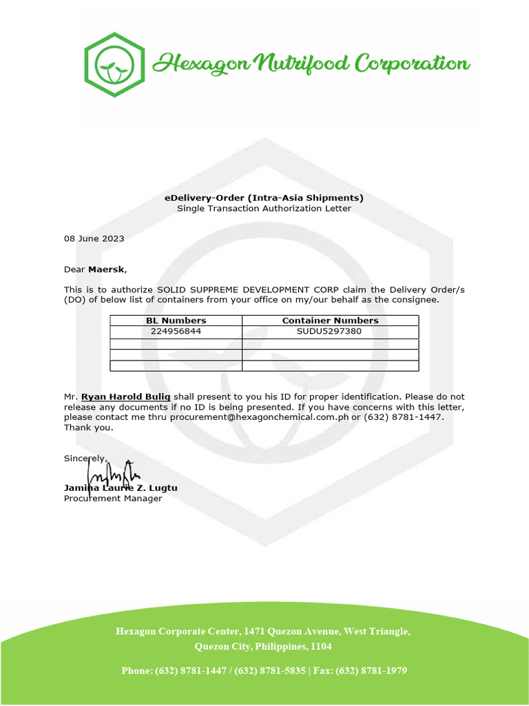 Maersk Authorization for Delivery Order | PDF