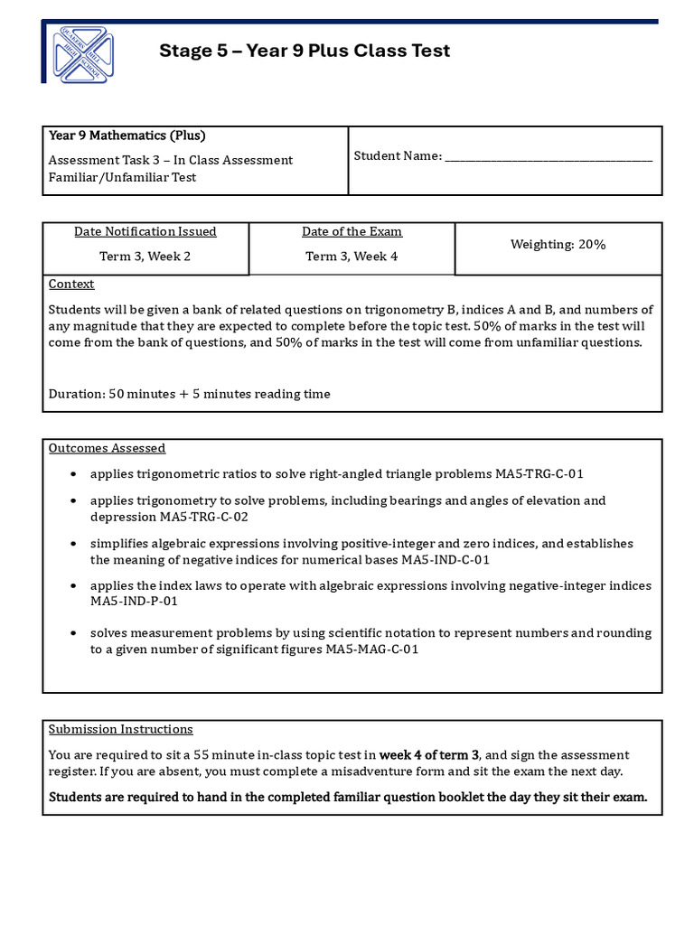 Year 9 Mathematics Class Test Guide | PDF | Trigonometry | Litre