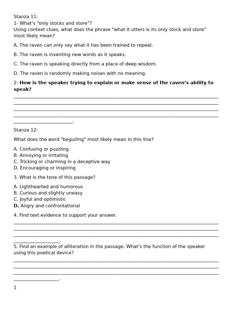 Analyzing "The Raven" Stanzas 11-18 | PDF | The Raven