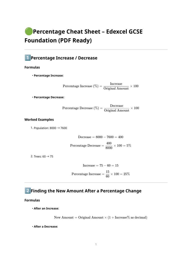 Edexcel GCSE Percentage Cheat Sheet | PDF | Percentage | Elementary ...